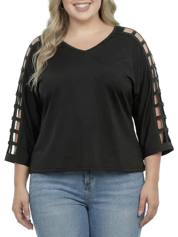 STANDARDS & PRACTICES 3/4 Sleeve Cutout Detail Top - Black