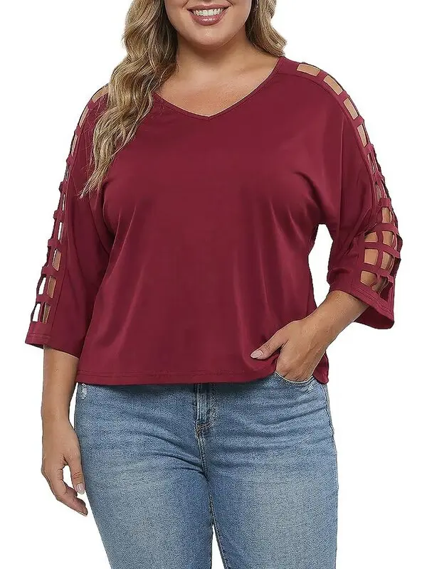 STANDARDS & PRACTICES 3/4 Sleeve Cutout Detail Top - Burgundy
