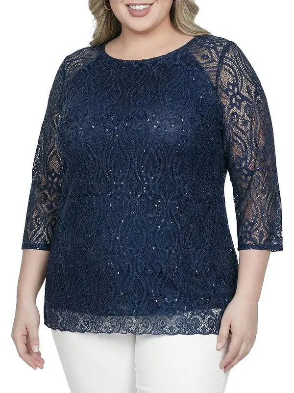 STANDARDS & PRACTICES Plus Floral Lace And Sequins Tunic Blouse - Navy
