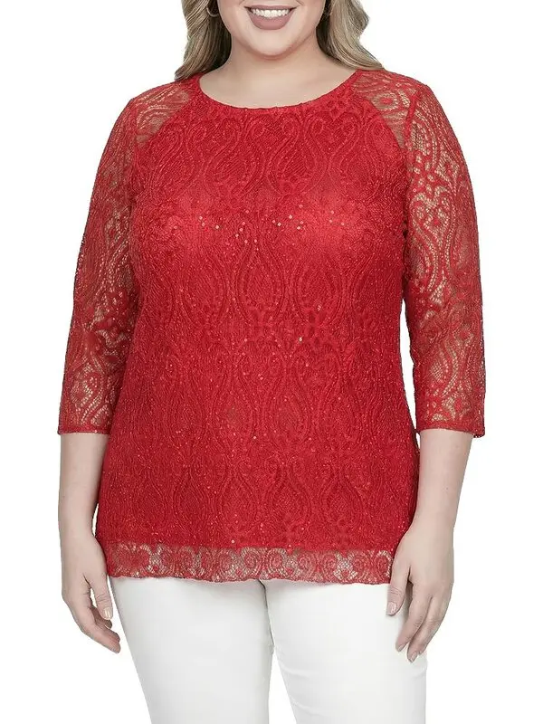 STANDARDS & PRACTICES Plus Floral Lace And Sequins Tunic Blouse - Red