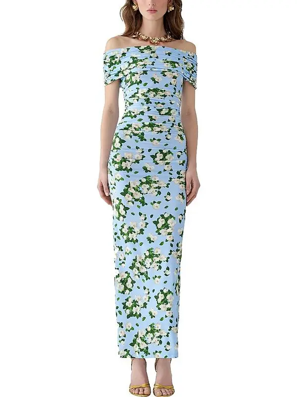 Carolina Herrera Off-the-shoulder Floral Gathered Dress - Cloudy Blue Multi