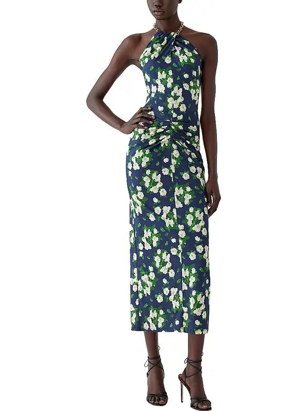 Carolina Herrera Halter Neck Floral Print Draped Dress - Midnight Multi