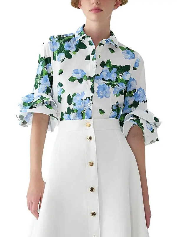 Carolina Herrera Tiered Ruffle Sleeve Printed Blouse - White Multi