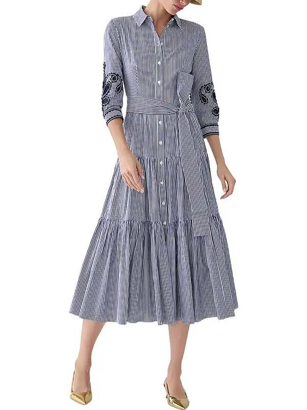 Carolina Herrera Striped Embroidered Belted Dress - White/blue