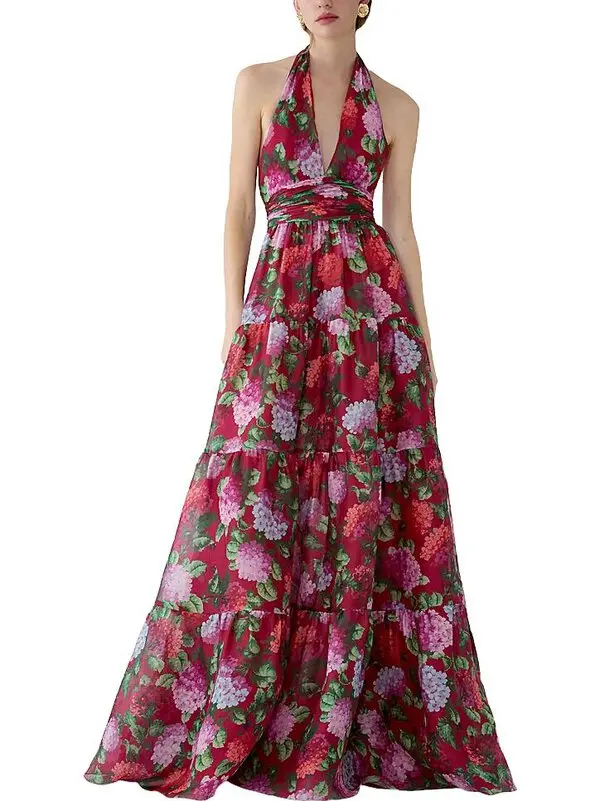 Carolina Herrera Halter Neck Tiered A-line Gown - Cranberry Multi