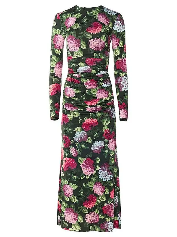 Carolina Herrera Long Sleeve Ruched Floral Maxi Dress - Racing Green Multi