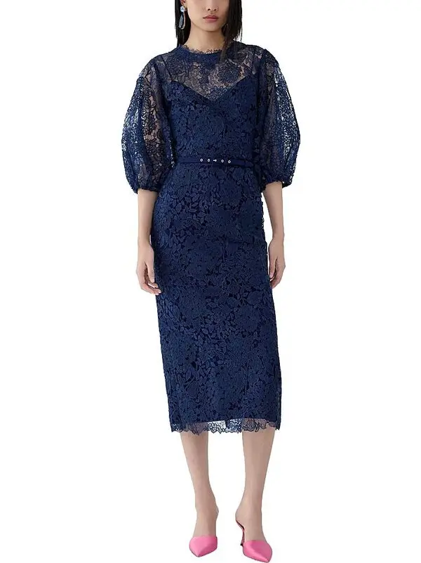 Carolina Herrera Balloon Sleeve Lace Midi Dress - Midnight