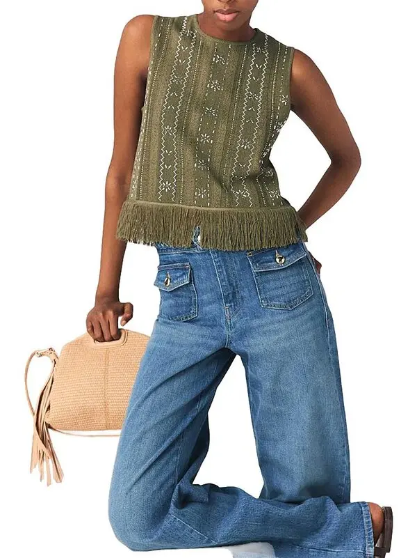 Maje Lilurex Sleeveless Top With Rhinestone Embellishments And Fringe - Khaki
