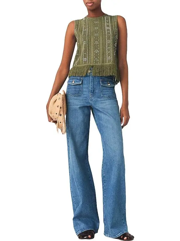 Maje Lilurex Sleeveless Top With Rhinestone Embellishments And Fringe - Khaki