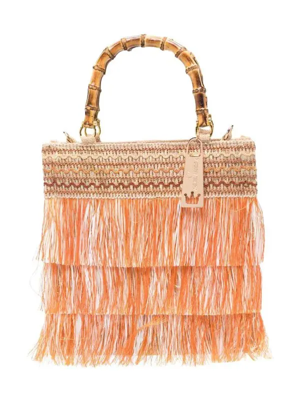 LA MILANESA Orchidea Woven Tote Bag With Bamboo Handle And Fringe Trim - Orange
