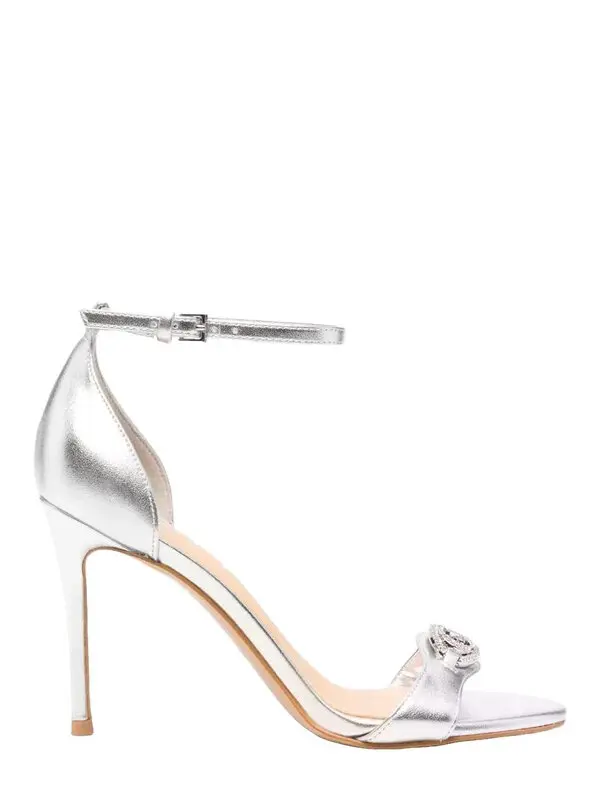 Guess Open-toe Stiletto Sandals With Embellished Logo Plaque - Grey