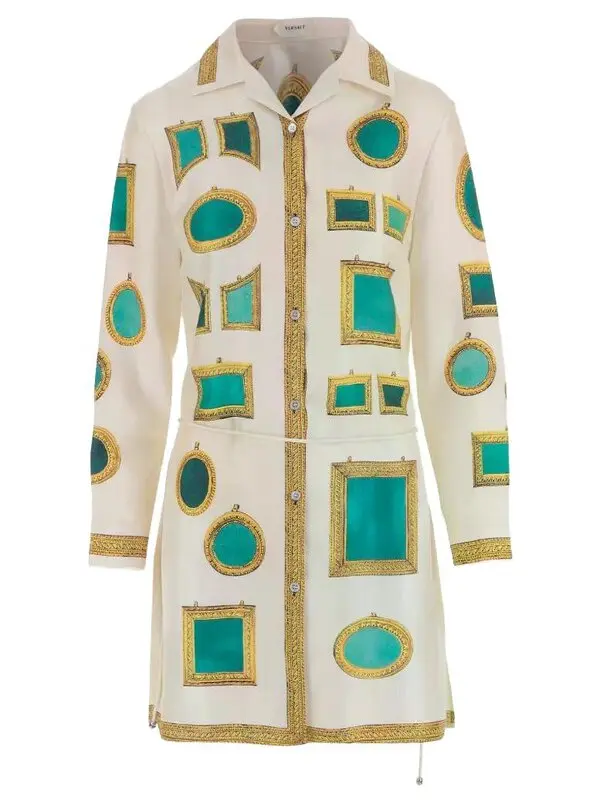 Versace Graphic Print Button-down Mini Shirt Dress - Neutrals
