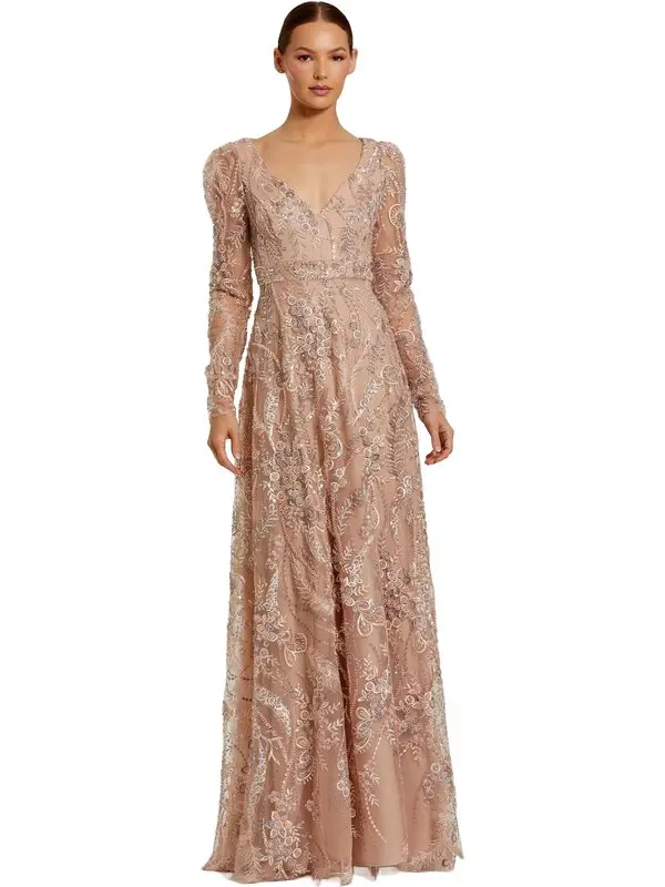 Mac Duggal Embroidered V-neck Gown - Neutral