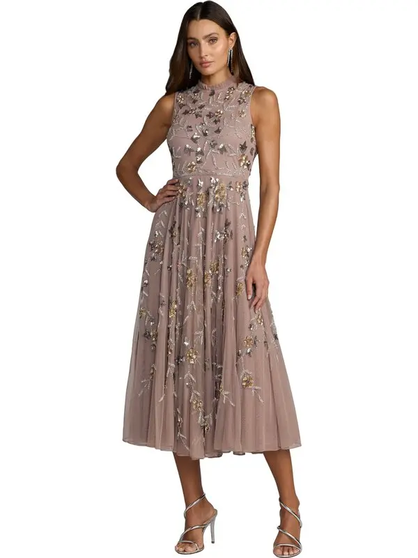 Mac Duggal Embellished High Neck Sleeveless Midi Dress - Pink