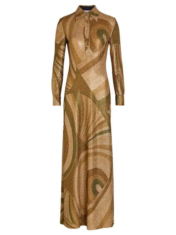 Emilio Pucci Printed Metallic-jersey Maxi Shirt Dress - Brown