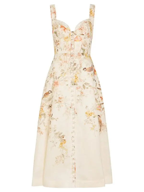 Zimmermann Luna Floral-print Linen Midi Dress - Cream