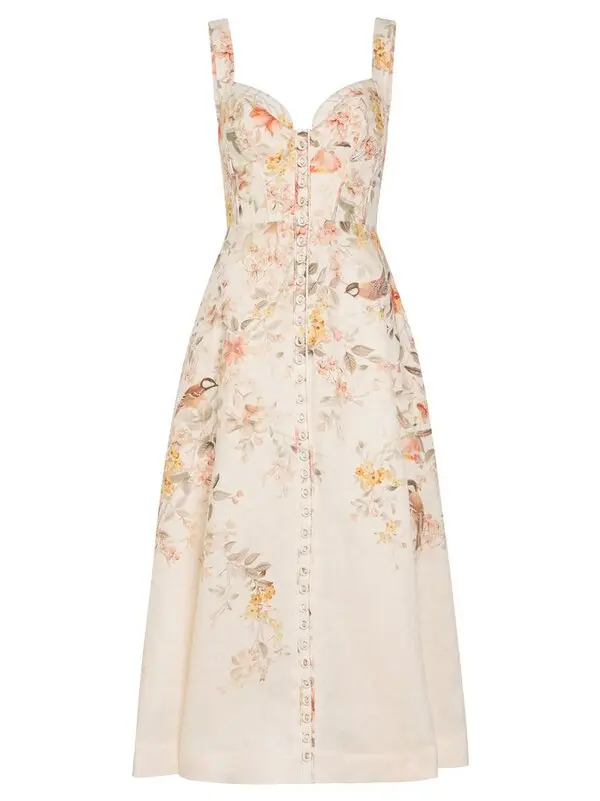 Zimmermann Luna Floral-print Linen Midi Dress - Cream