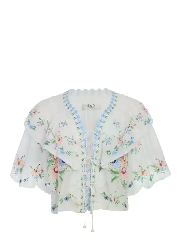 Sea Serafina Blouse With Floral Embroidery And Front Tie - White
