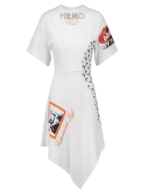 MARINE SERRE Asymmetrical Graphic Print Dress - White