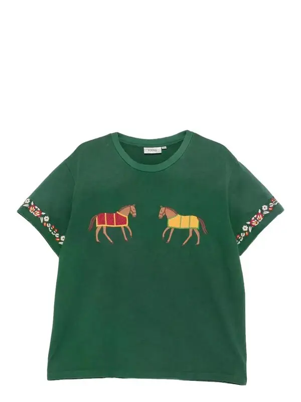FOUND Horse Equine Embroidered Floral-trim T-shirt - Green