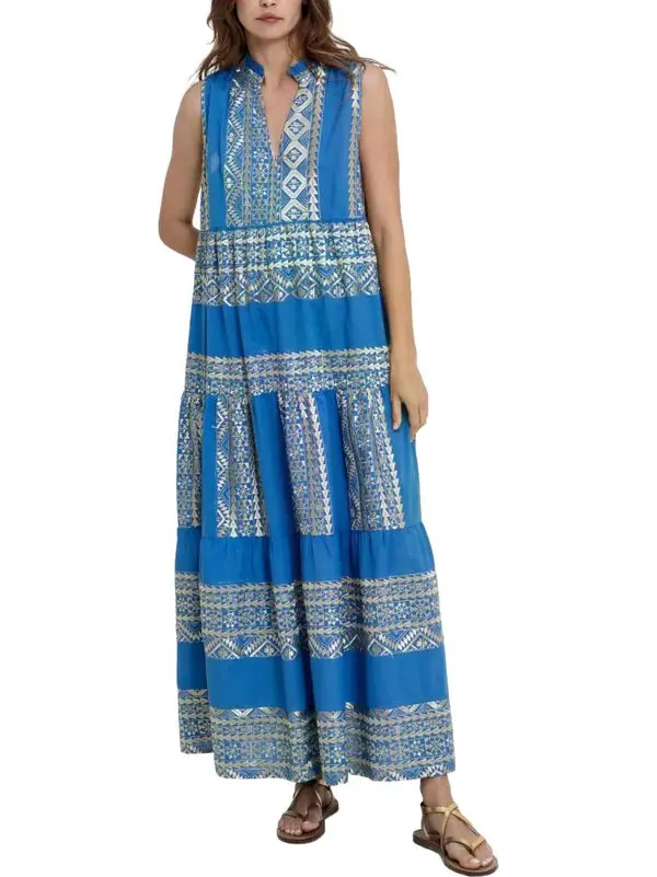 Greek Archaic Kori Embroidered Tiered Dress - Blue