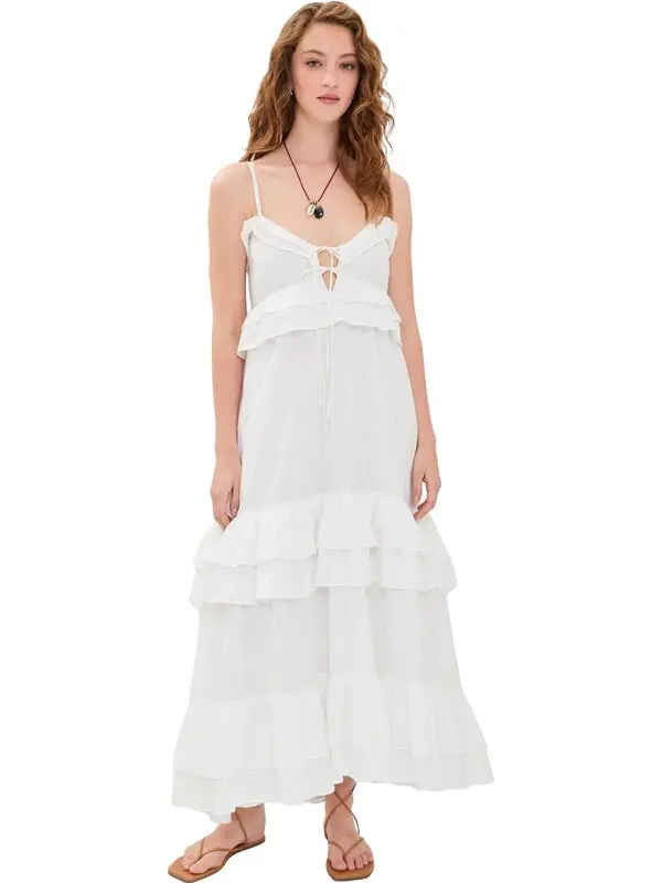 Show Me Your Mumu Freya Maxi Dress With Sweetheart Neckline And Ruffled Tiers - White Voile