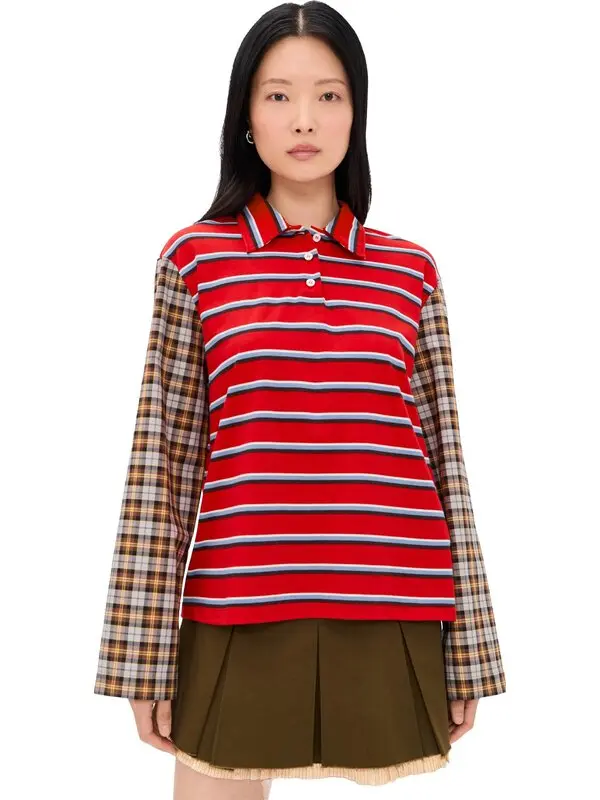 MSGM Striped Polo Shirt With Contrast Plaid Sleeves - Red