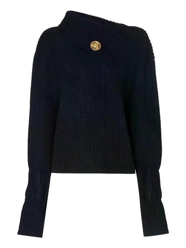 JW Anderson Asymmetrical Foldover Neck Ribbed Knit Sweater With Gold-tone Snap-buttons - Blue