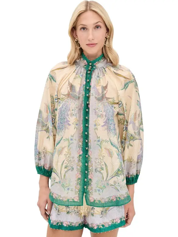 Zimmermann Indra Billow Blouse With Floral And Bird Print - Cream Scarf Floral