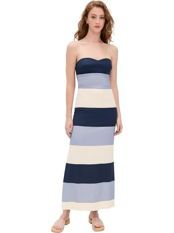 ANDRES OTALORA Strapless Striped Linen Blend Midi Dress - Maxi Blue Stripes
