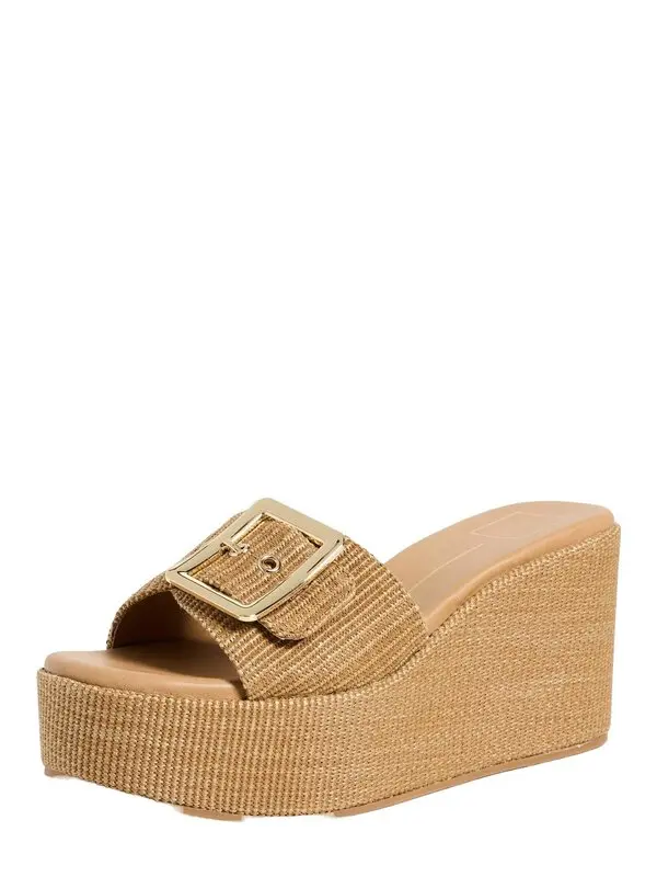 Dolce Vita Jilian Raffia Wedge Sandals With Gold-tone Buckle - Mocha Raffia
