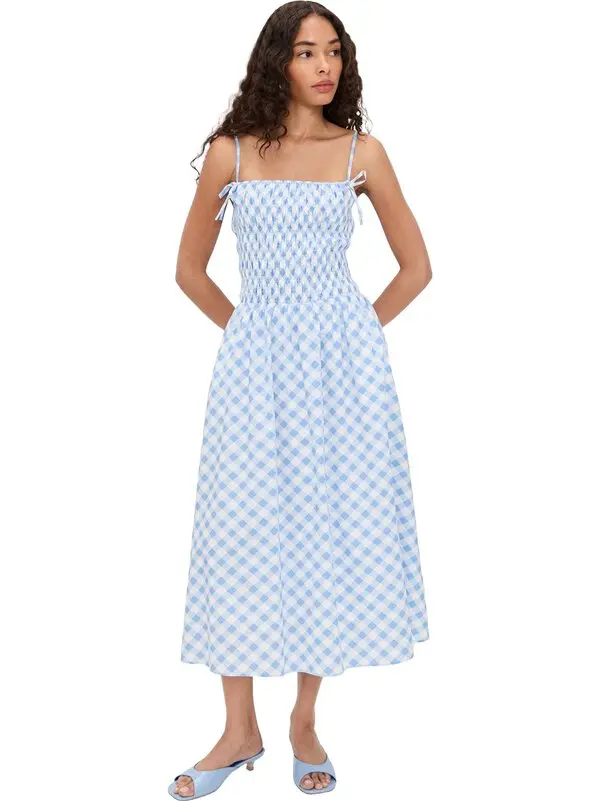 English Factory Checked Smocked Midi Dress With Bow Accents - Powder Blue