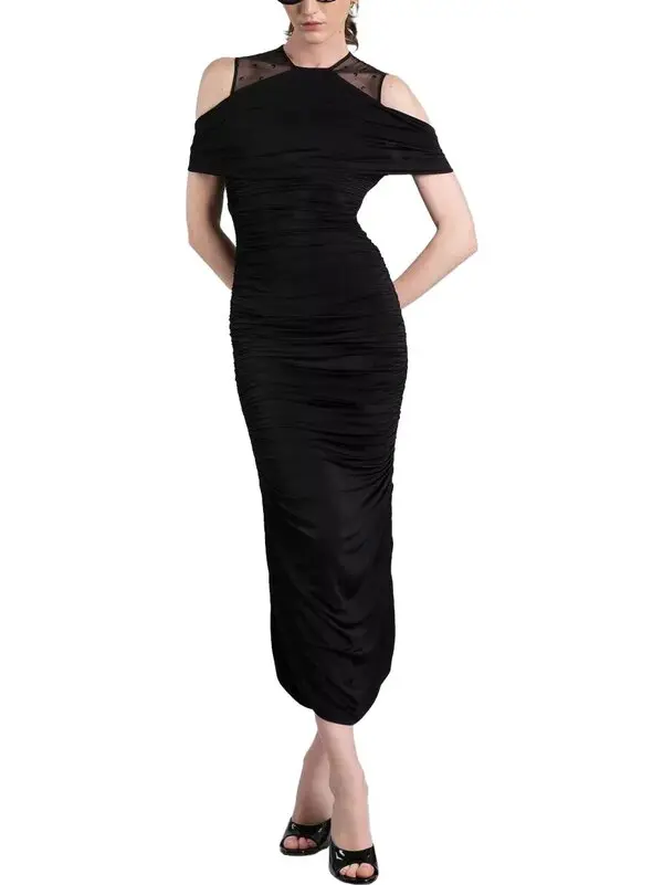 MARINE SERRE Ruched Off-shoulder Moon-print Mesh Dress - Black