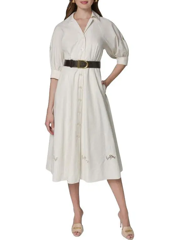 Donna Karan New York Embroidered Puff Sleeve Belted Cotton Shirtdress - Cream/cream