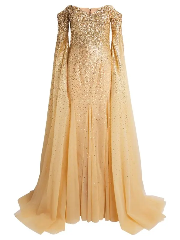 Pamella Roland Sequined Cape-sleeve Gown - Gold
