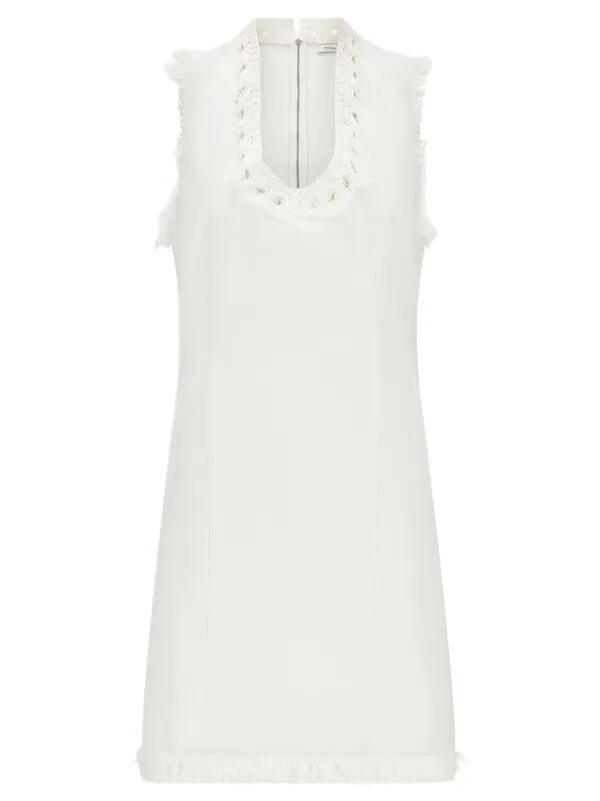 FERRAGAMO Denim Dress With Crochet Neckline And Distressed Trims - White