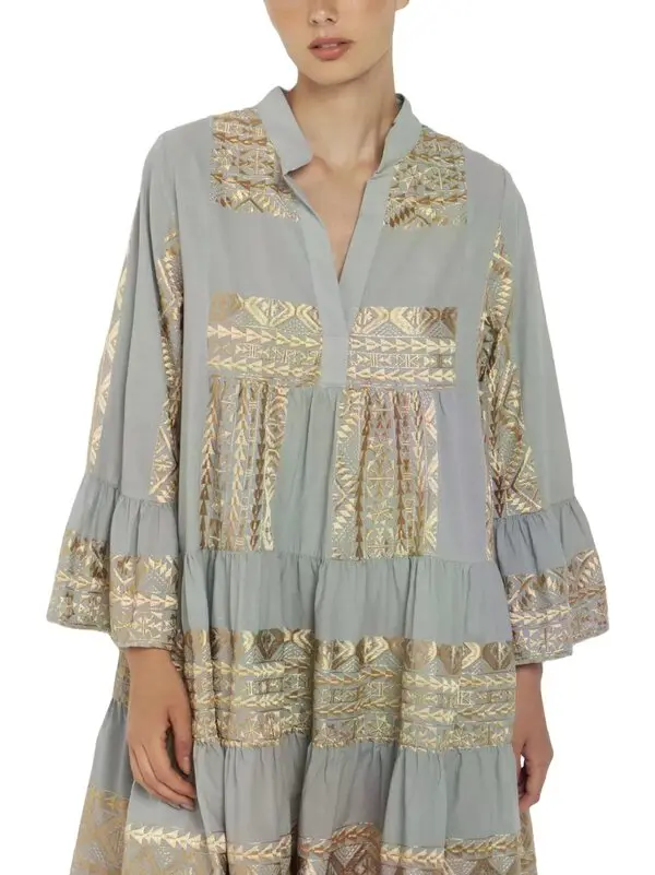 Greek Archaic Kori Embroidered Tiered Dress - Grey