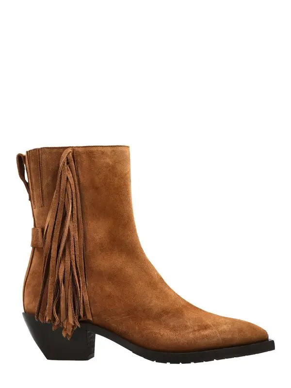 ALLSAINTS Bazely Suede Heeled Ankle Boots With Fringe - Brown