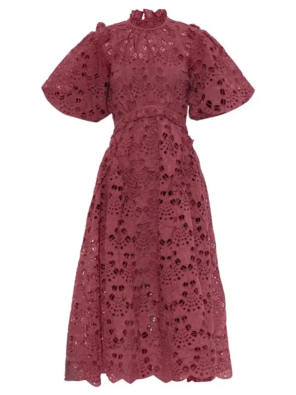 ALLSAINTS Odette Embroidered High Neck Midi Dress - Burgundy