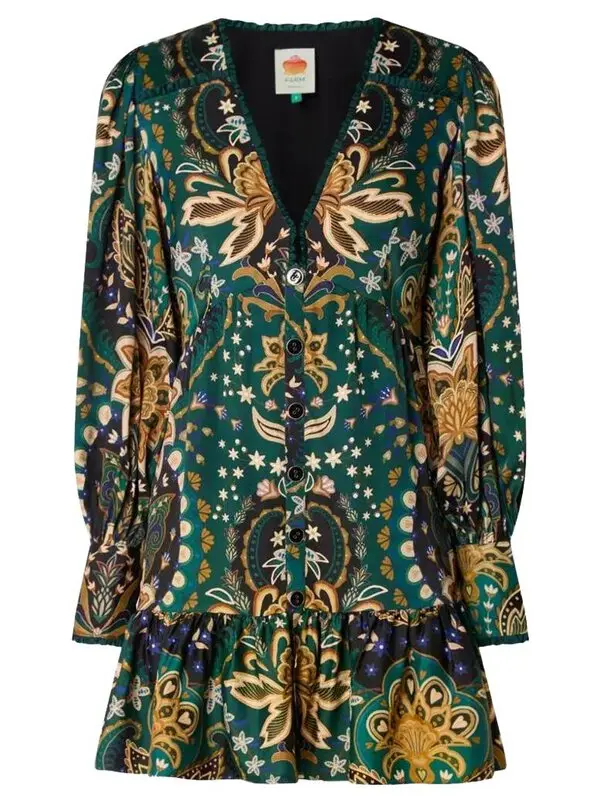 Farm Rio Floral Print V-neck Button-up Ruffled Mini Dress - Green