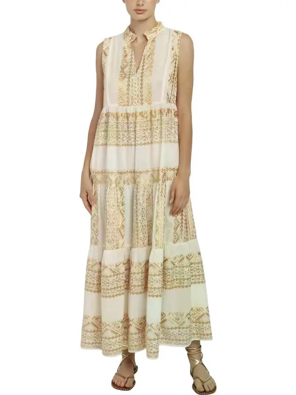 Greek Archaic Kori Embroidered Tiered Maxi Dress - Neutrals