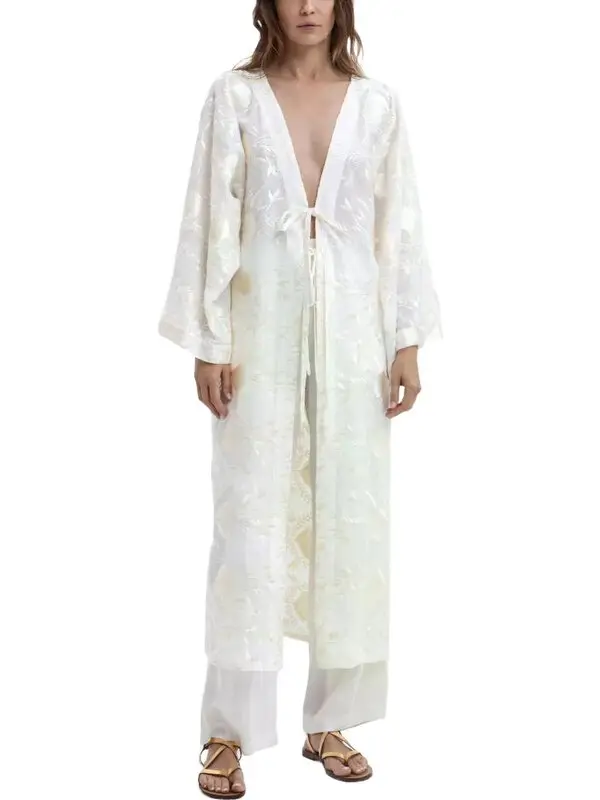 Greek Archaic Kori Embroidered Tie-fastening Kaftan - White