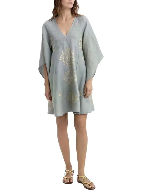 Greek Archaic Kori Embroidered V-neck Dress - Grey