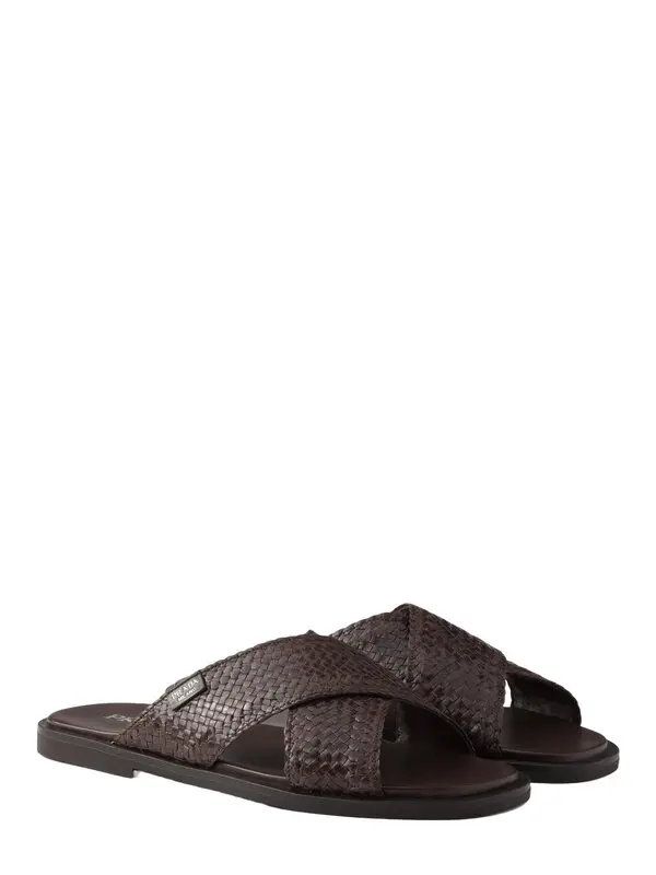 Prada Woven Leather Crisscross Slides - Brown