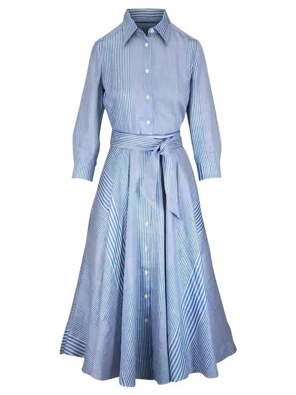 SARA ROKA Striped Belted Midi Shirt Dress - Blue