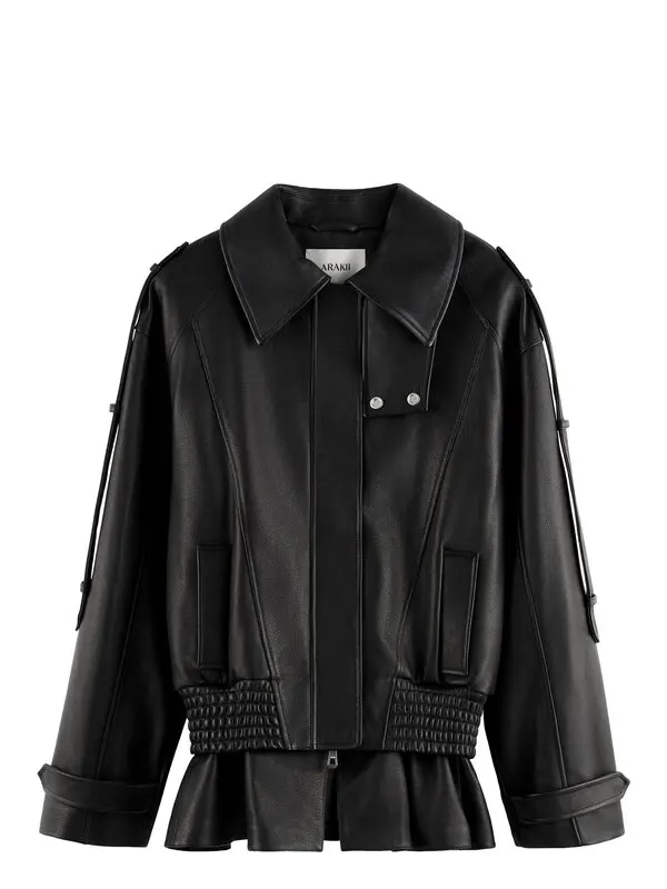Arakii Exclusive Ruffled Leather Biker Jacket - Black