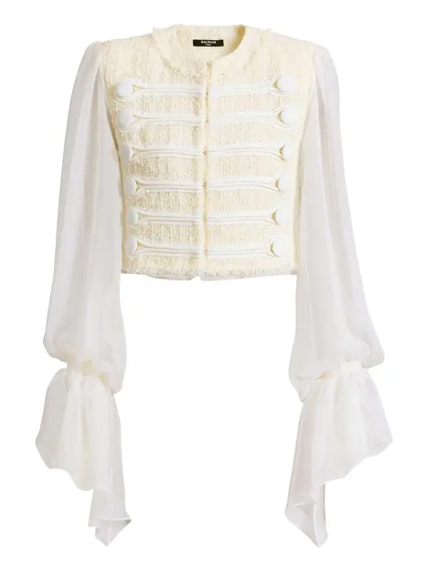 Balmain Cropped Tweed And Muslin Jacket With Decorative Buttons - White