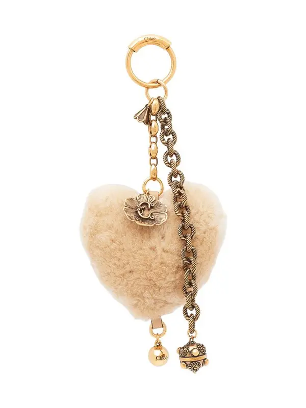 Chloé Symbols Heart Shearling Bag Charm In Brass - Summery Beige