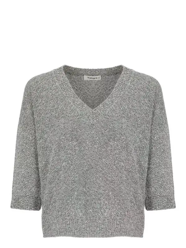 KANGRA Sequin Embellished V-neck Sweater - Grey
