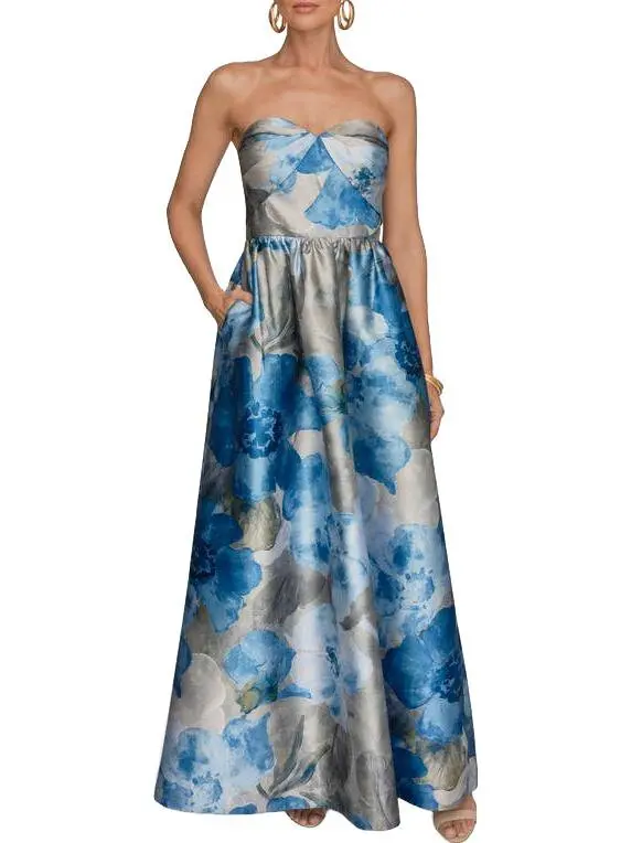 Donna Karan New York Strapless Floral Print Satin Gown - Washed Indigo Multi